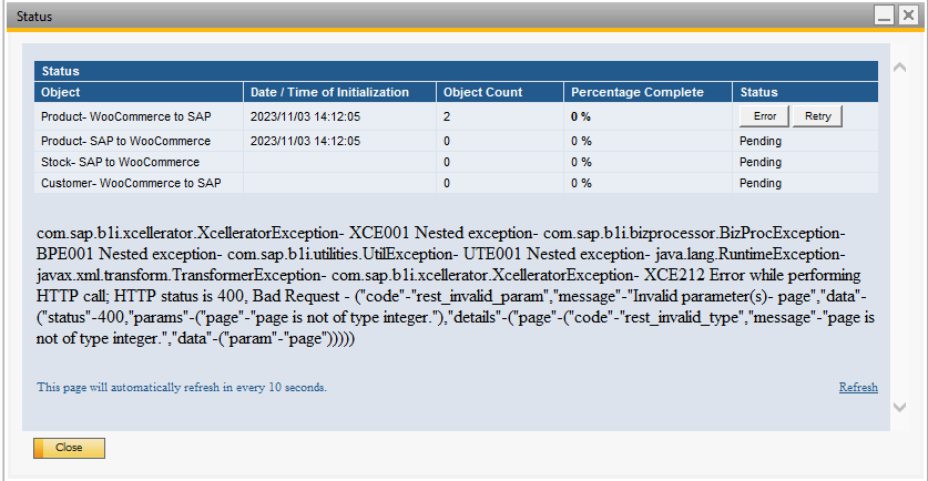 WDF 2500017 - "Page is not of type integer" error occurs while initializing the product from ...